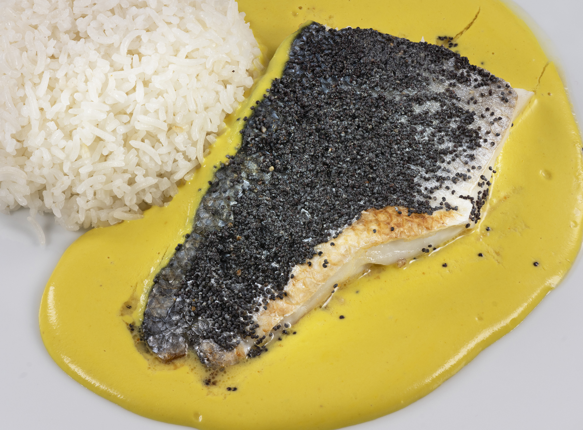 Wolfsbarschfilets mit weissen Mohnsamen und Kernelensauce
